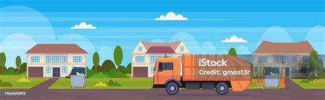 오렌지 쓰레기 트럭 도시 위생 차량 적재 재활용 쓰레기통 폐기물 재활용 개념 현대 별장 집 시골 배경 평면 수평 배너 쓰레기에 대한 스톡 벡터 아트 및 기타 이미지 Istock