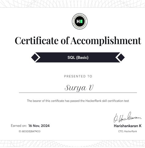 Surya V On Linkedin Happylearning Lovecoding Certificate Code Sql Hackerrank