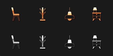 의자 코트 스탠드 램프 교수형 및 램프 아이콘이있는 나이트 스탠드를 설정하십시오 벡터 가구에 대한 스톡 벡터 아트 및 기타 이미지 가구 가정의 방 걸이 장비 Istock