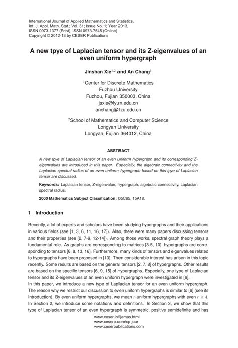 Pdf A New Tpye Of Laplacian Tensor And Its Z Eigenvalues Of An Even