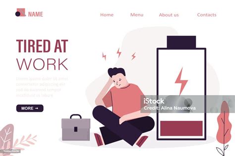 직장에서 피곤한 랜딩 페이지 템플릿입니다 사업가가 배터리 부족 표지판 근처에 앉아 있다 열심히 일하고 건강에 해로운 직업 우울증으로 스트레스를 받았습니다 좌절 한 사업가