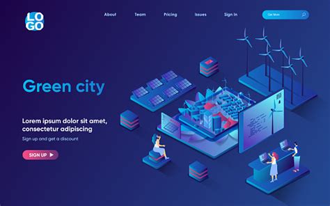 녹색 도시 개념 등색 방문 페이지 풍력 터빈과 태양전지 패널 3d 웹 배너 템플릿에서 재생 에너지를 살고 사용하는 시민 플랫 디자인의 인물 장면과 벡터 일러스트레이션 도시에