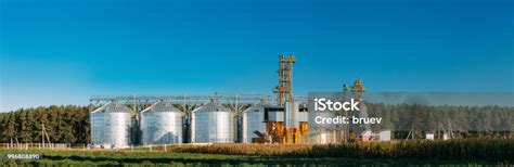 현대 곡창 복잡 한 곡물 건조 상업 곡물 또는 씨 사일로 화창한 여름 농촌 풍경 옥수수 건조 기 사일로 내륙 곡물 터미널 곡물 엘리베이터 필드에 서 있는 스토리지 탱크에
