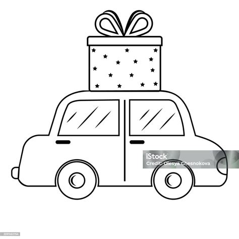 지붕에 선물이 있는 자동차 검은색 윤곽선 낙서 스타일 색칠 0명에 대한 스톡 벡터 아트 및 기타 이미지 0명 개념 관대함 Istock