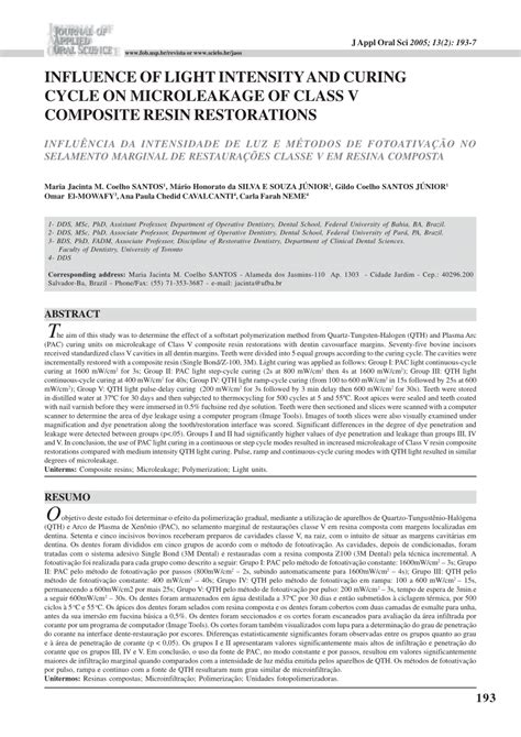 Pdf Influence Of Light Intensity And Curing Cycle On Microleakage Of