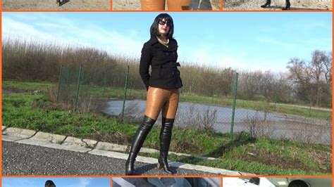Handcuffed Wife In Coat Leather Leggings And Over Knee Boots