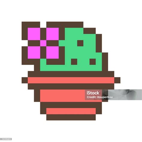 녹색 선인장 점토 꽃 냄비 16x16 픽셀 아트 아이콘 흰색 배경에 고립에서 즙이 많은 레트로 80s90 년대 오래 된 학교 8