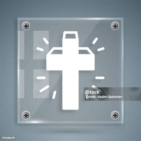 회색 배경에 고립 된 흰색 기독교 십자가 아이콘 교회 십자가 정사각형 유리 패널 벡터 0명에 대한 스톡 벡터 아트 및 기타