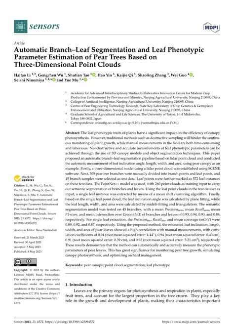Pdf Automatic Branch Leaf Segmentation And Leaf Phenotypic Parameter Estimation Of Pear Trees
