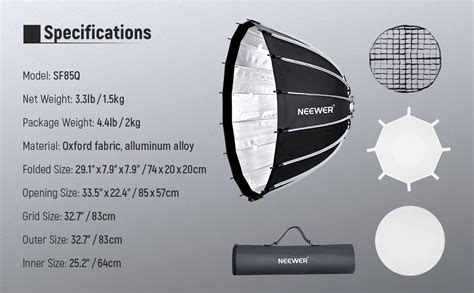 Neewer 33inch 85cm Parabolic Softbox Quick Set Up Quick Folding With Diffusers Honeycomb Grid