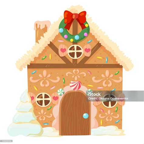 진저 브레드 하우스는 크림과 다양한 과자로 장식되어 있습니다 크리스마스 치료 밝은 장식 요소 흰색 배경에서 격리된 벡터 그림입니다 시골집에 대한 스톡 벡터 아트 및 기타