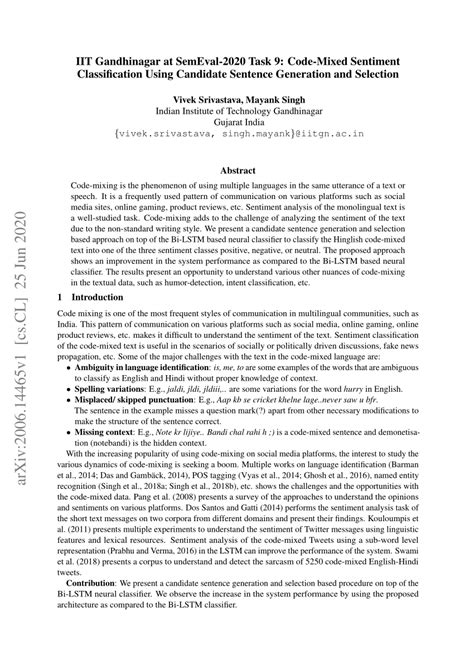 Pdf Iit Gandhinagar At Semeval 2020 Task 9 Code Mixed Sentiment Classification Using