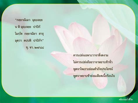 “กลฺยาณิเมว มุญฺเจยฺย น หิ มุญฺเจยฺย ปาปิกํ โมกฺโข กลฺยาณิยา สาธุ มุตฺวา ตปฺปติ ปาปิกํฯ” ขุ ชา