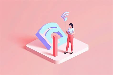 Flat 3d Isometric Woman Standing On Wifi Symbol And Using Smartphone Internet Connection And