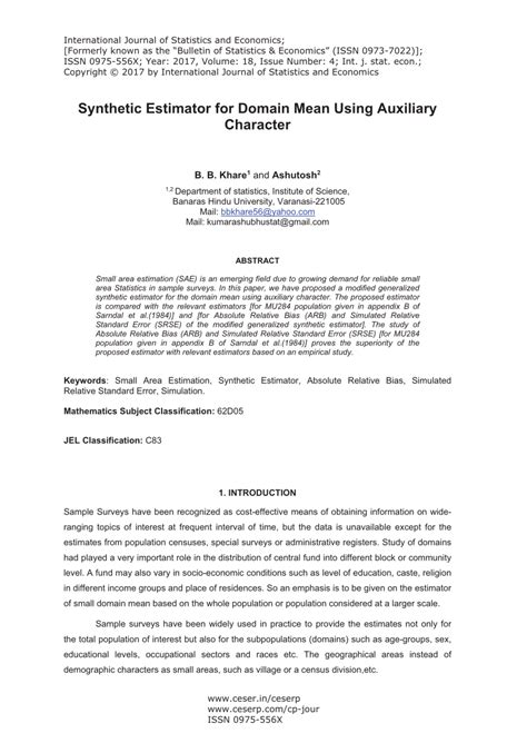 Pdf Synthetic Estimator For Domain Mean Using Auxiliary Character