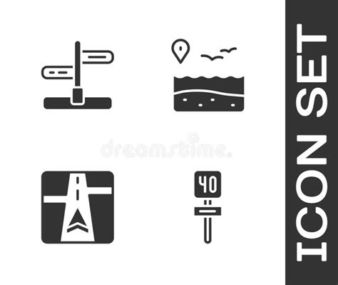 Set Road Traffic Sign Gps Device With Map And Location Beach Icon Vector Stock Vector