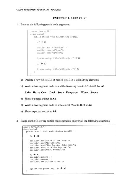 Exercise For Arraylist Question Csc Diploma In Computer Science UiTM Studocu