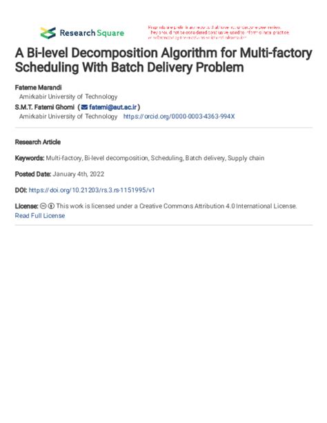 Pdf A Bi Level Decomposition Algorithm For Multi Factory Scheduling