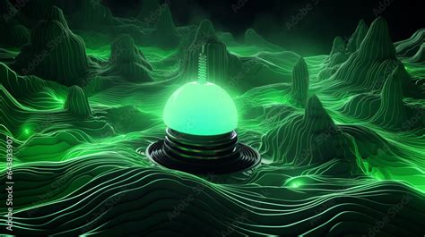 Glowing Green Iot Sensor Bulb Abstract Cyber Topography Landscape Cyber Data Sensor