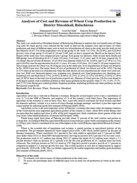 Analyses Of Cost And Revenue Of Wheat Crop Production In Pdf Wheat Agriculture