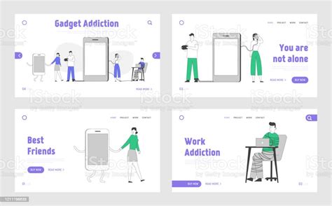 인터넷 및 가젯 중독 된 사람들 방문 페이지 템플릿 집합입니다 스마트 폰과 스마트 장치로 묶여 남성 여성 캐릭터 휴대 전화에 체인으로 묶여 여자 선형 벡터 일러스트레이션