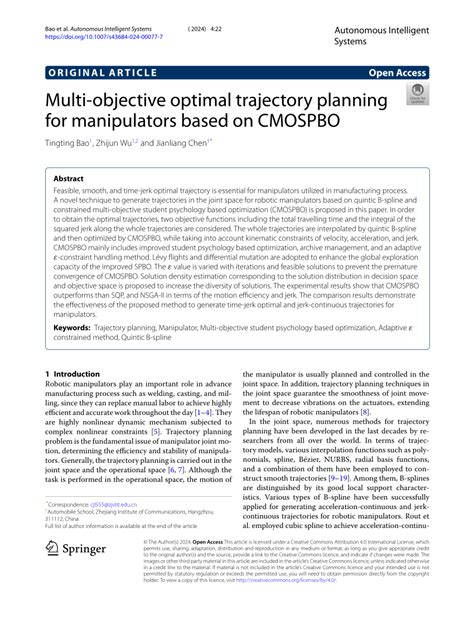 Pdf Multi Objective Optimal Trajectory Planning For Manipulators Based On Cmospbo