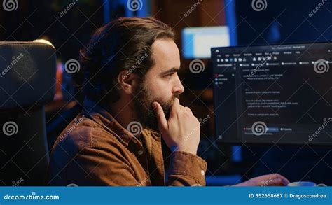 Computer Scientist Drinking Cup Of Coffee While Developing Code On Pc Stock Image Image Of