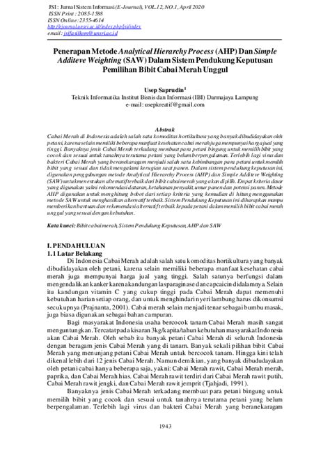 Pdf Penerapan Metode Analytical Hierarchy Process Ahp Dan Simple Additeve Weighting Saw