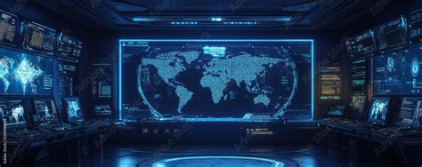 Global Monitoring Center World Map Display Futuristic Consoles Data