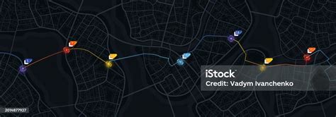 표시된 목적지와 예상 도착 시간이 있는 전체 지도의 계획된 경로 편리한 라벨이 있는 간단한 도시 구성표 배경으로 사용하기에 완벽한 편집 가능한 벡터 일러스트레이션 개발에