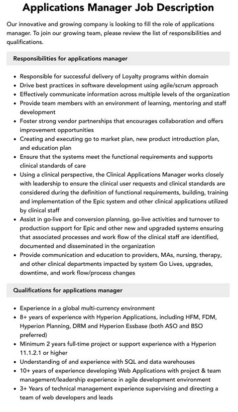 Applications Manager Job Description Velvet Jobs