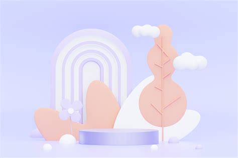 3d는 연단 스탠드가 있는 파스텔 그린 최소 배경을 렌더링합니다 화장품 프레젠테이션 및 광고를위한 보라색 무대 플랫폼 깨끗한