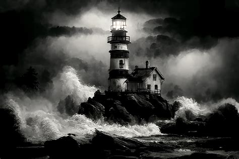 Stormy Night Lighthouse Black And White Ai Art Digital Download