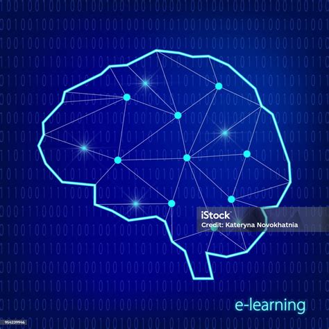 원격 학습의 개념입니다 이진 하이테크 파란색 배경에 노드와 디지털 두뇌 다각형 스타일에 인간 두뇌의 실루엣입니다 E학습 개념입니다 벡터 그림 Eps10입니다 지도에 대한