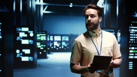 Man Safeguarding Data Center Against Hackers With Isolated Screen Computer Stock Video Video