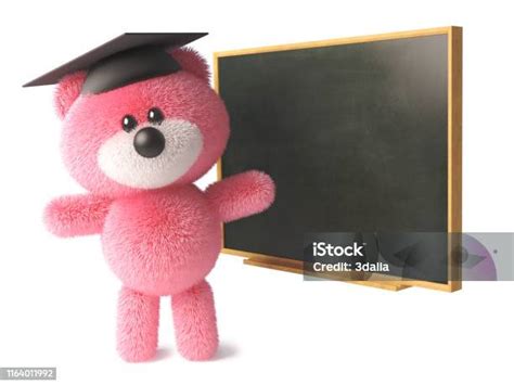 박격포 보드를 입고 칠판에서 가르치는 부드러운 분홍색 모피테디 베어 캐릭터 3d 일러스트 3차원 형태에 대한 스톡 사진 및 기타 이미지 3차원 형태 곰 교사 교육