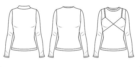 벡터 라운드넥 긴팔 티셔츠 패션 Cad 터틀넥 기술 도면 템플릿 스케치 플랫 모형이 있는 여성 겨울 상의 저지 또는 리브 패브릭 상단 앞면 뒷면보기 흰색 0명에 대한 스톡