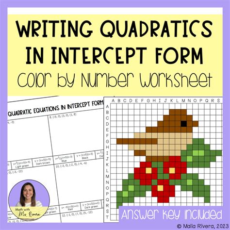 Writing Quadratic Equations In Intercept Form Color By Number Pixel Art Worksheet Made By Teachers