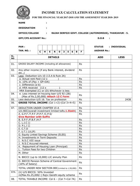 Income Tax Calculation Statement Form Pdf Fill Online Printable Fillable Blank Pdffiller