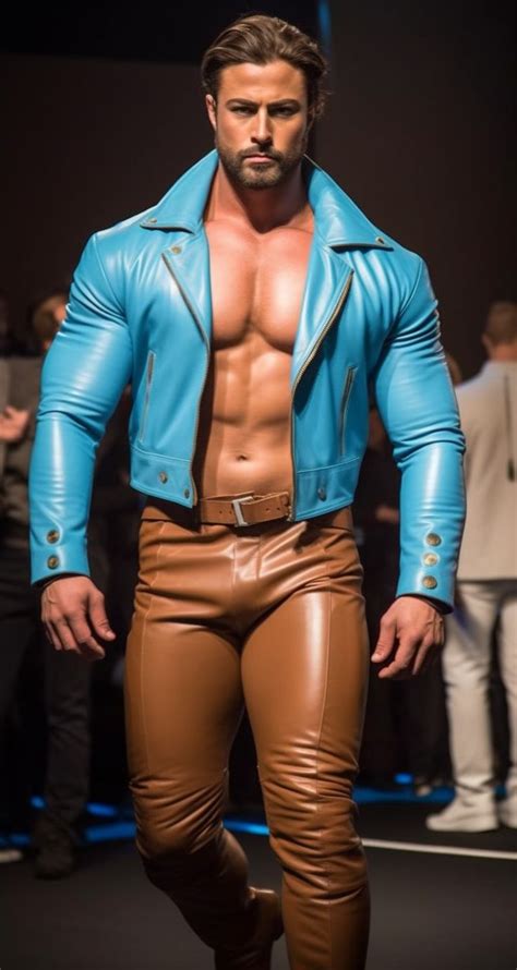 A Man In Leather Pants And A Blue Jacket Is Walking Down The Runway