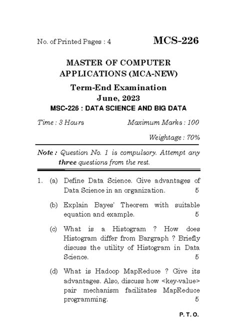 Mcs 226 My Course Related P T O No Of Printed Pages 4 Mcs Master Of Computer