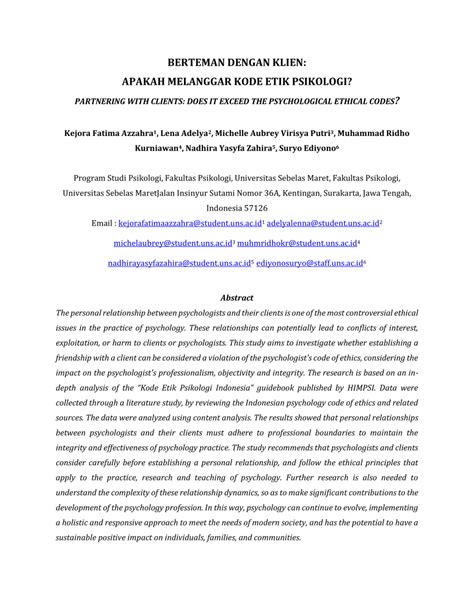Pdf Berteman Dengan Klien Apakah Melanggar Kode Etik Psikologi Partnering With Clients Does