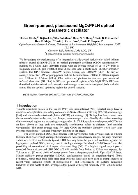 Pdf Green Pumped Picosecond Mgo Ppln Optical Parametric Oscillator
