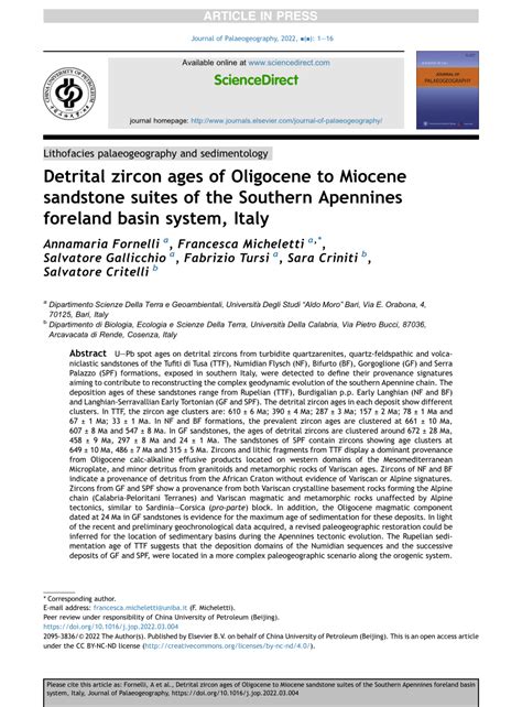 Pdf Detrital Zircon Ages Of Oligocene To Miocene Sandstone Suites Of The Southern Apennines