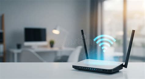 A Wireless Router With Two Antennas Is Positioned On A White Desk The Router Stock Illustration
