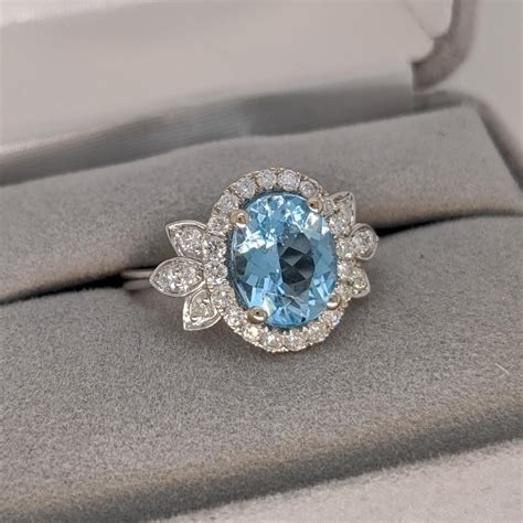 Santa Maria Aquamarine Ring In 14k White Gold W Natural Diamond Halo