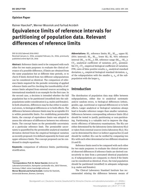 Pdf Equivalence Limits Of Reference Intervals For Partitioning Of