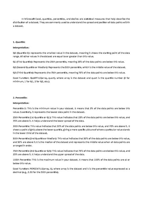 Interpretations Excel In Microsoft Excel Quartiles Percentiles And Deciles Are Statistical