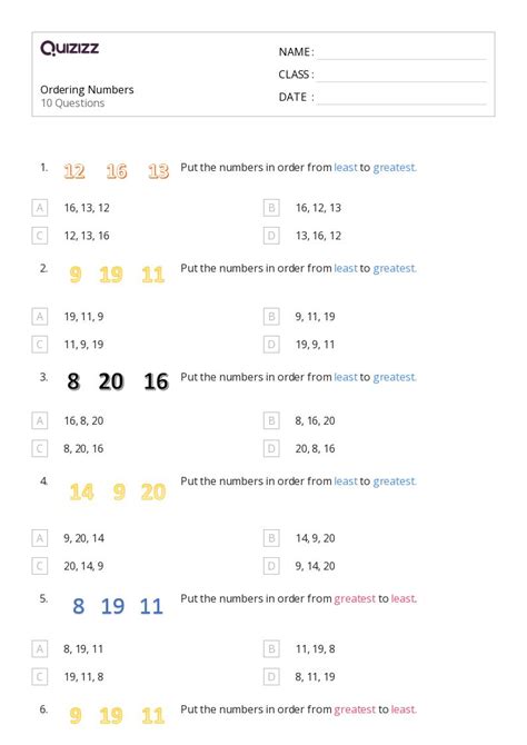 50 Ordering Numbers 11 20 Worksheets For 1st Class On Quizizz Free