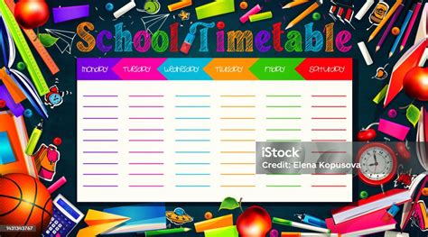 일일 계획의 개념 만화 스타일의 수업 일정 칠판의 배경에 학교 과목과 용품의 배경에 대한 수업과 수업의 주간 일정 계획에 대한
